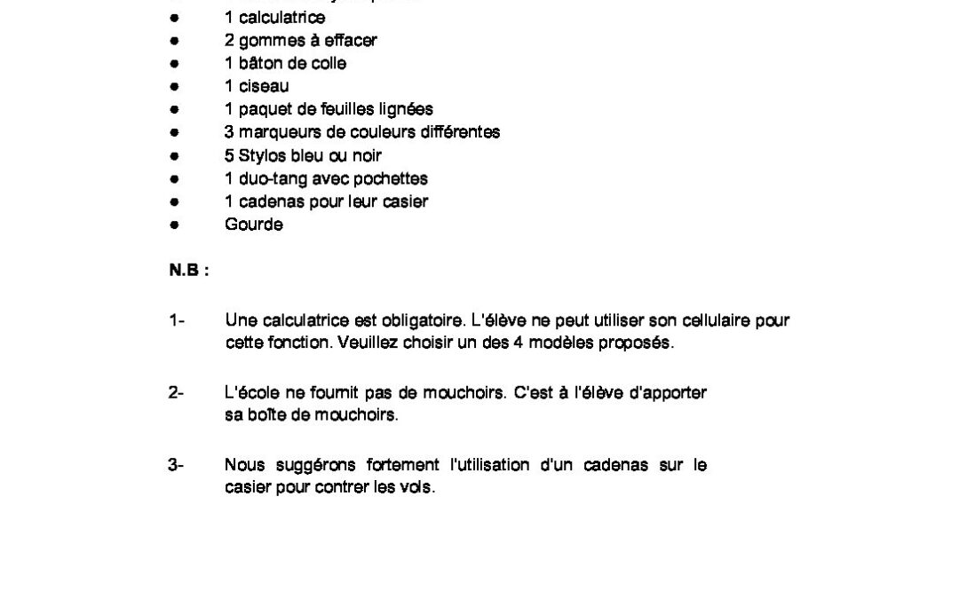 Matériel scolaire – FMS | École Jean-de-Brébeuf